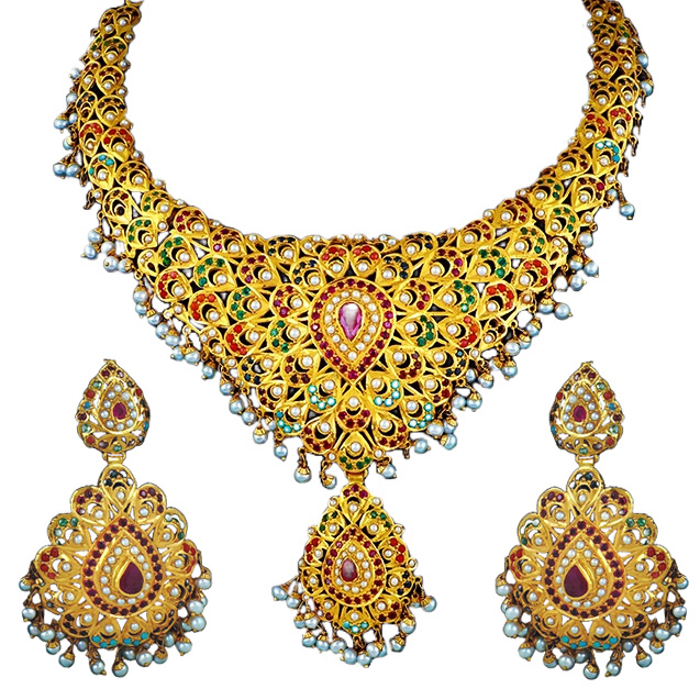 HIRA PANNA 22k GOLD JADAU LONG SET - Hira Panna Jewellers